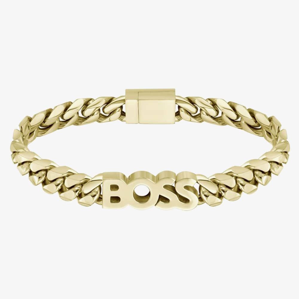 BOSS 1580505M Kassy Gold Plated Logo Curb Chain Bracelet - thbaker.co.uk