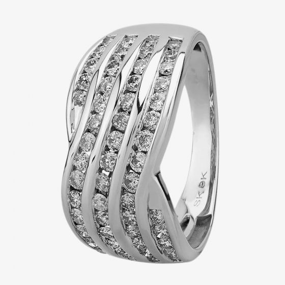 9ct White Gold Channel-set 1.00ct Multi Diamond Wave Ring - thbaker.co.uk