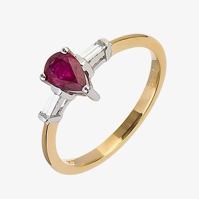 18ct Gold Pear Ruby and Baguette Cut Diamond Ring - thbaker.co.uk