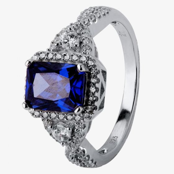 Silver Blue Rectangle Cubic Zirconia Shoulders Ring - thbaker.co.uk