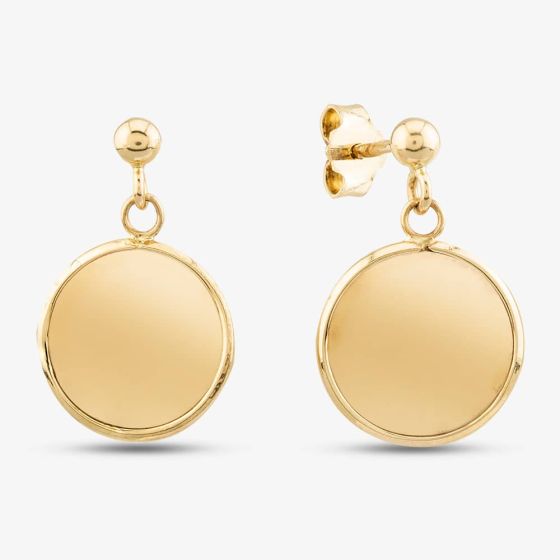 9ct Yellow Gold Plain Round Disc Dropper Earrings - thbaker.co.uk