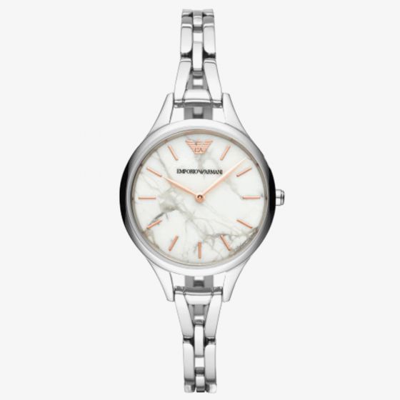 Emporio Armani Ladies White Marble Dial Narrow Bracelet Watch AR11167 ...