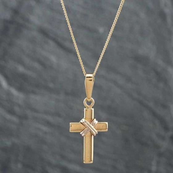 Second Hand 9ct Yellow Gold Embossed Cross Pendant & 18 Inch Curb Chain ...
