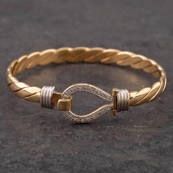 Second Hand 9ct Two Colour Gold Diamond Hook Twist Design Standard Bangle 41211128 - thbaker.co.uk