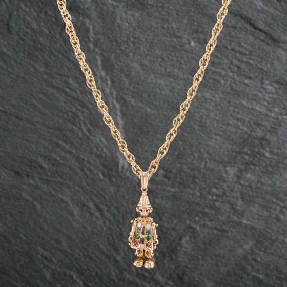 Second Hand 9ct Yellow Gold Multi Stone Clown Pendant & 24 Inch Chain ...