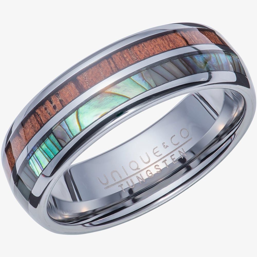 Unique TUR-136 Mens Tungsten Wood & Shell Inlay Ring - thbaker.co.uk