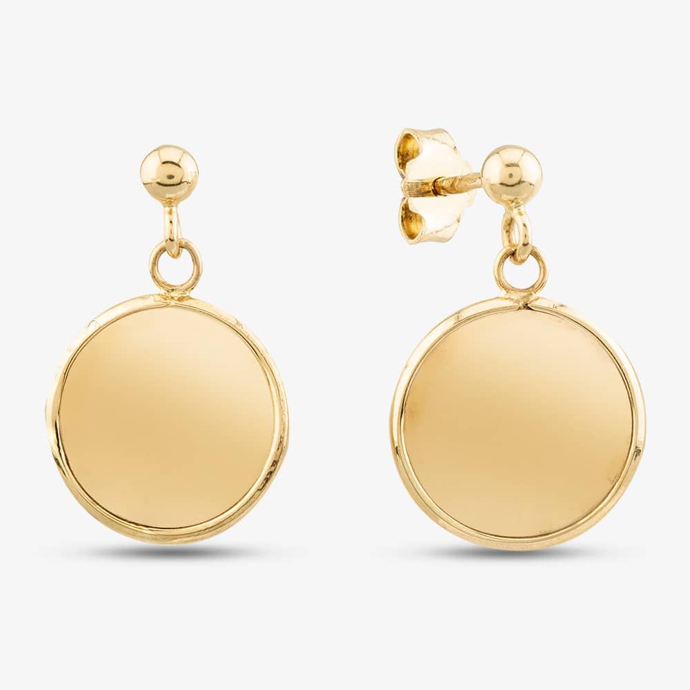 9ct Yellow Gold Plain Round Disc Dropper Earrings - thbaker.co.uk