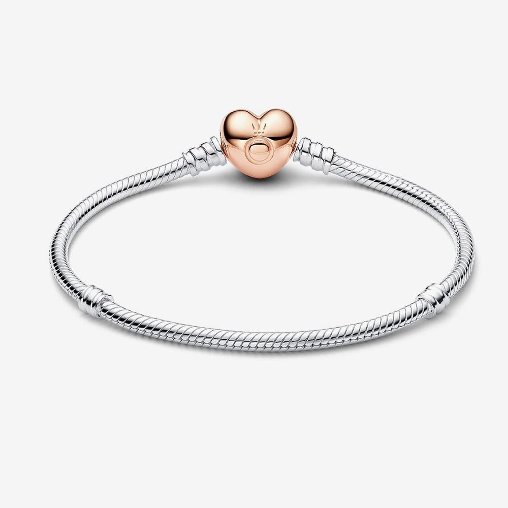 PANDORA 580719 Moments Silver 14ct Rose Gold Heart Clasp Bracelet ...