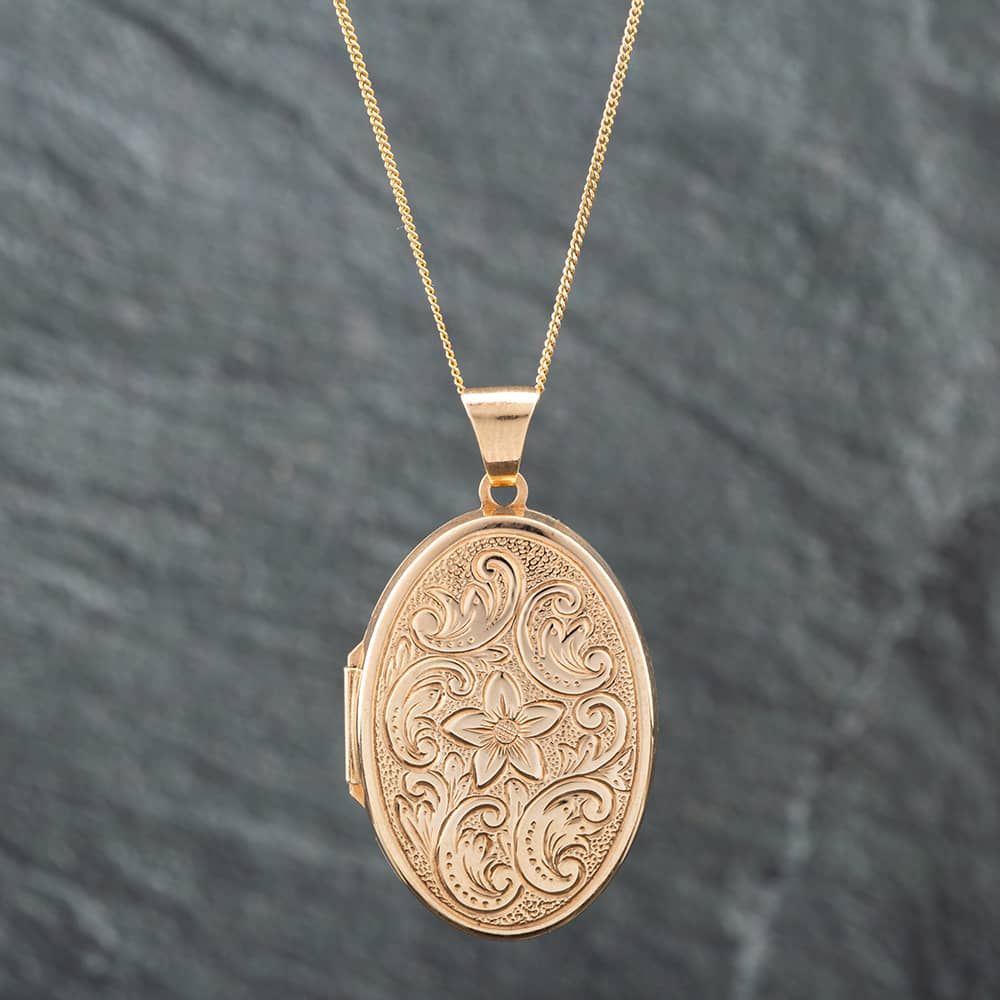 Second Hand 9ct Yellow Gold Oval Engraved Locket Pendant & 18 Inch Curb ...