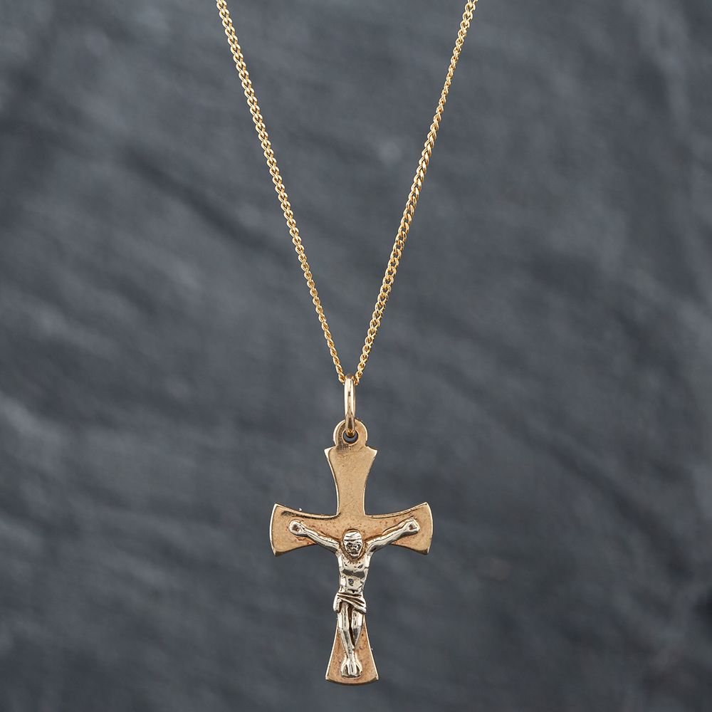 Second Hand 9ct Two Colour Gold Crucifix Cross Pendant & 19 Inch Curb ...