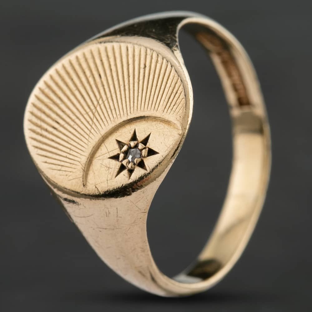Second Hand Vintage 9ct Gold Diamond Oval Sunray Signet Ring - thbaker ...