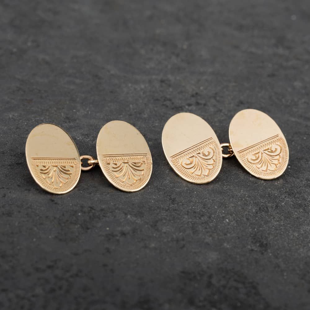Second Hand 9ct Gold Oval Half Engraved Cufflinks - thbaker.co.uk