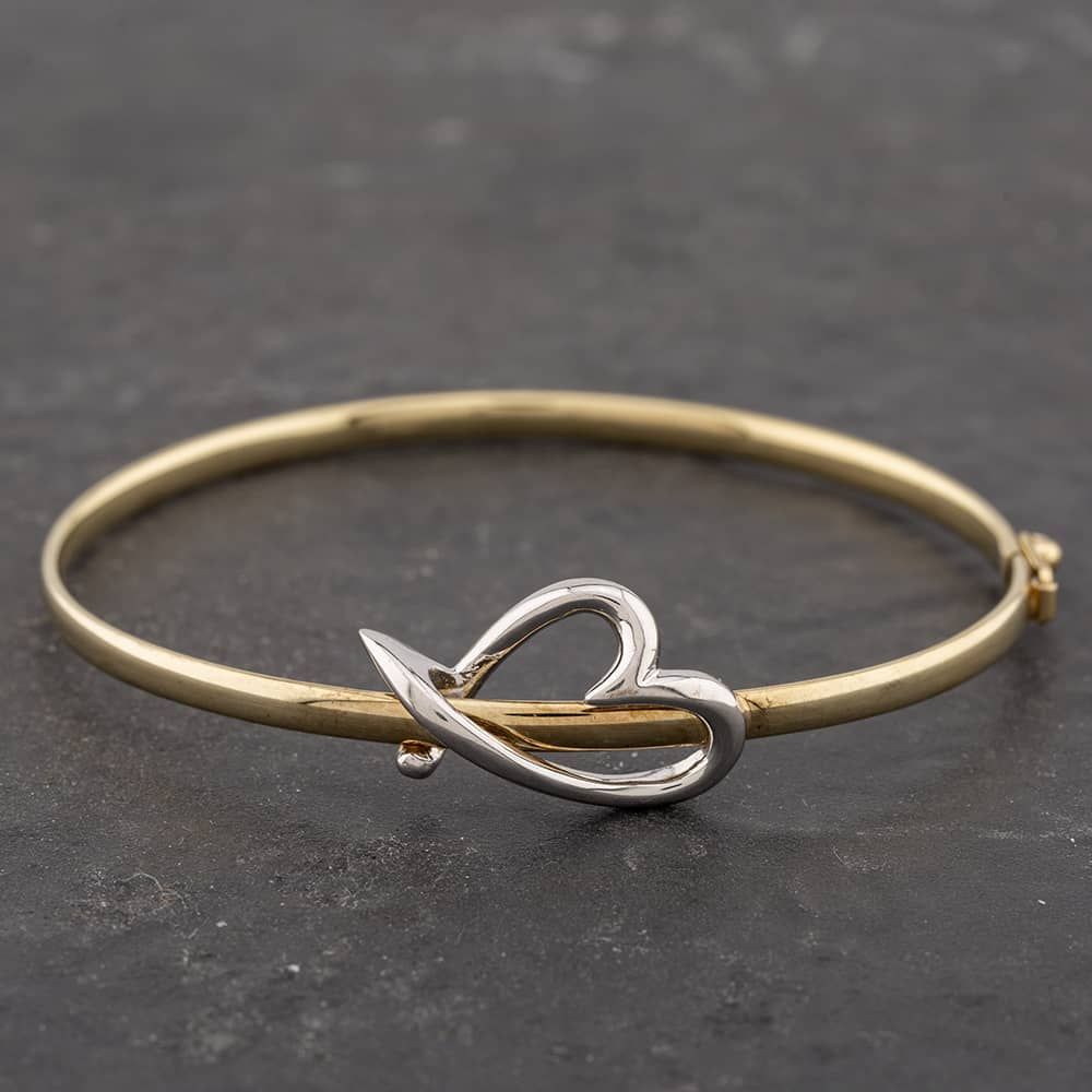 Second Hand 9ct Two Colour Gold Crossover Heart Standard Simple Bangle 41211151 - thbaker.co.uk