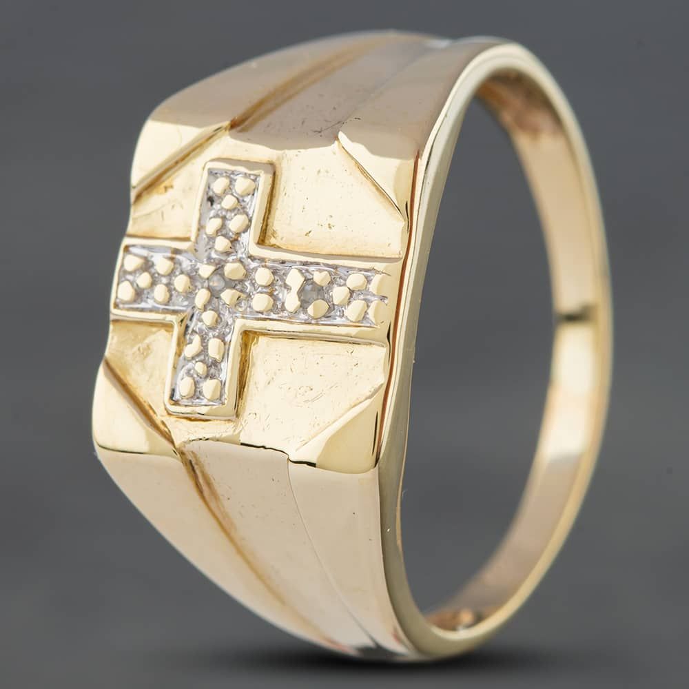 Second Hand Yellow Gold Brilliant Cut Diamond Cross Signet Ring ...