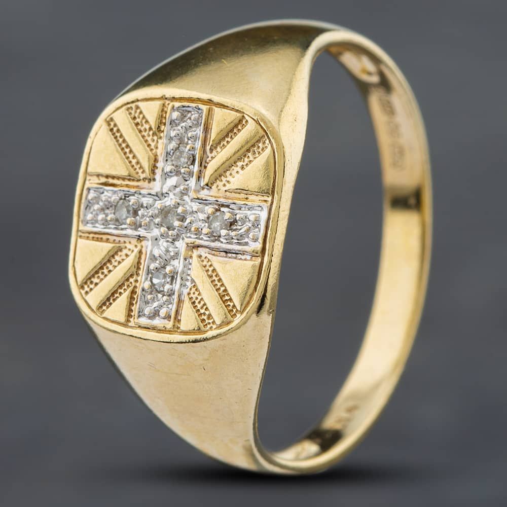 Second Hand 9ct Yellow Gold Diamond Union Jack Signet Ring 41341238 ...