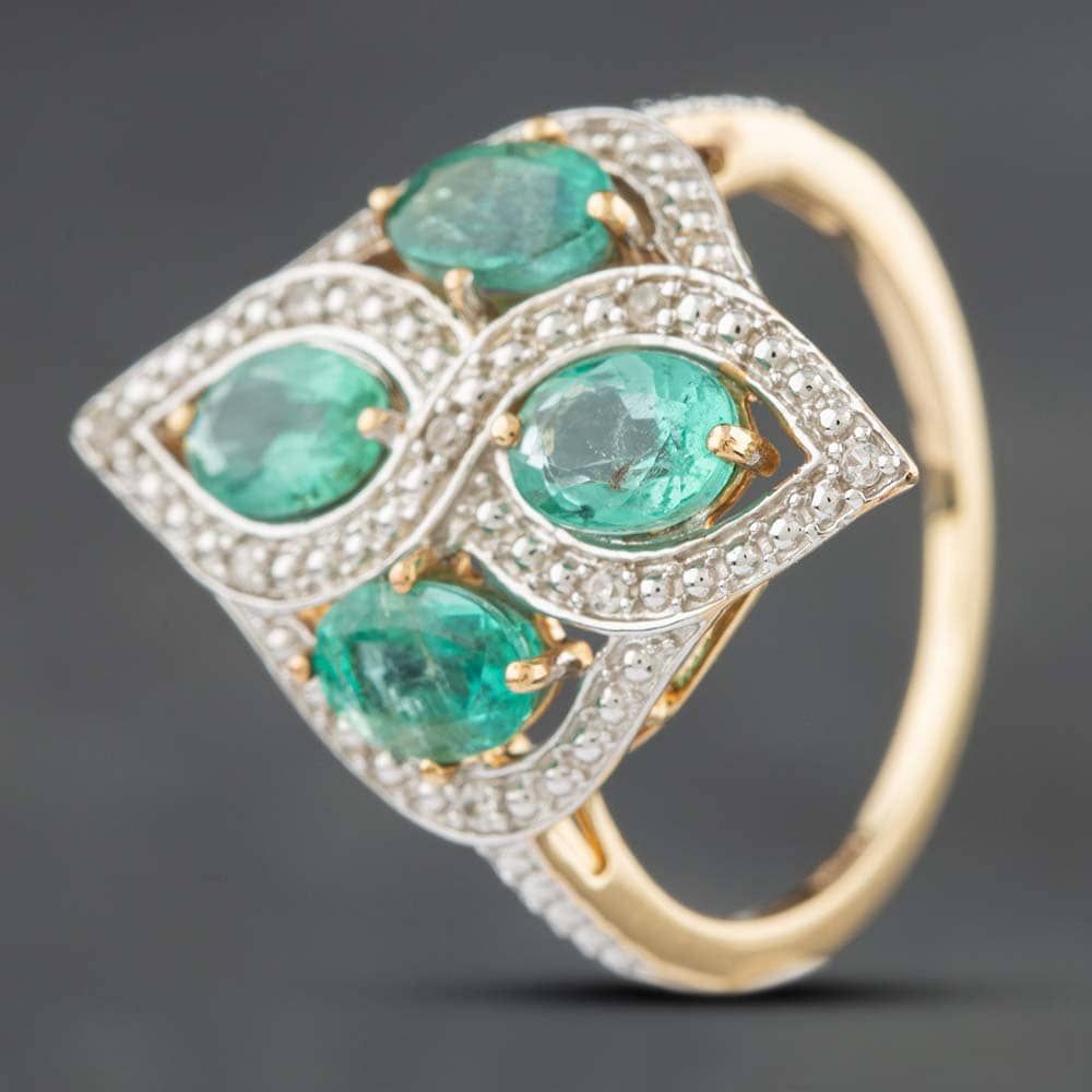 Second Hand 9ct Gold Emerald & Diamond Cluster Ring - thbaker.co.uk