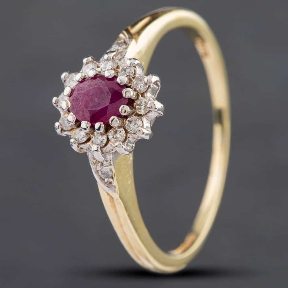 Second Hand 9ct Gold Ruby & Brilliant Diamond Oval Cluster Ring ...