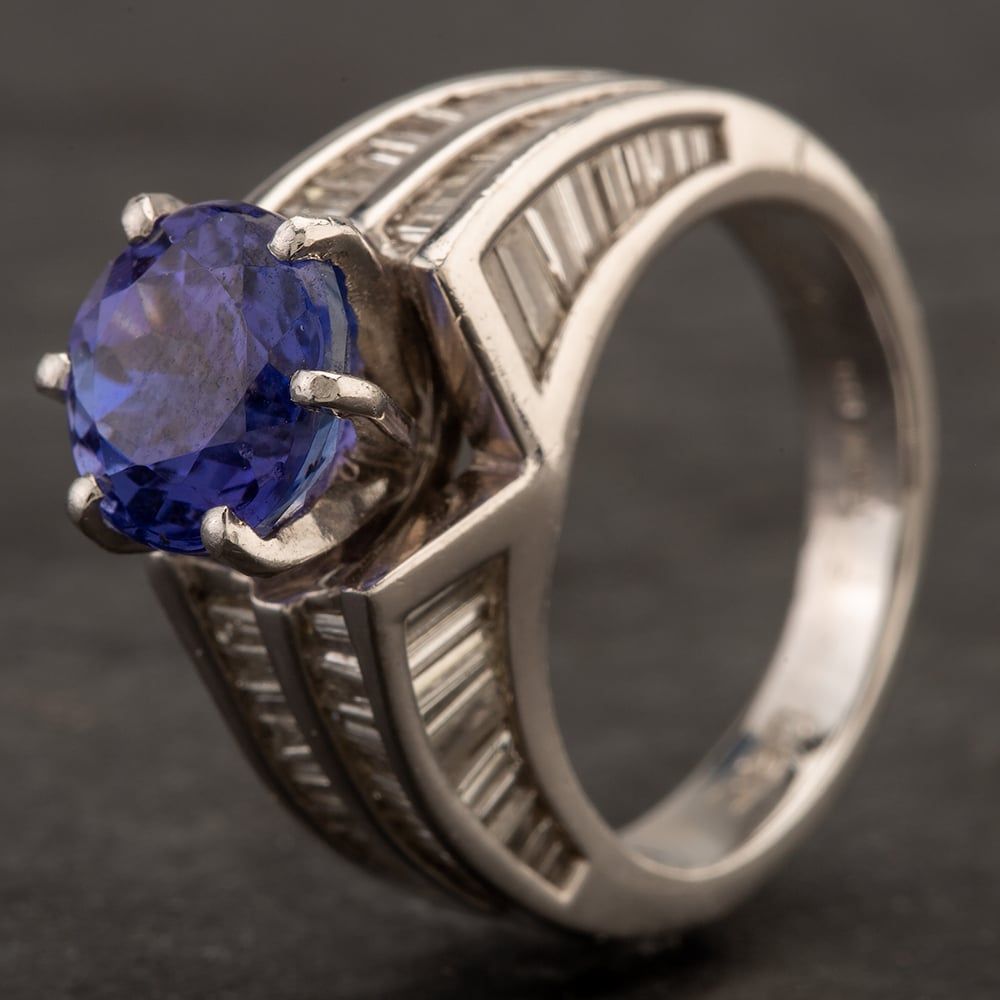 Second Hand Platinum Tanzanite Baguette Diamond Shoulders Ring ...
